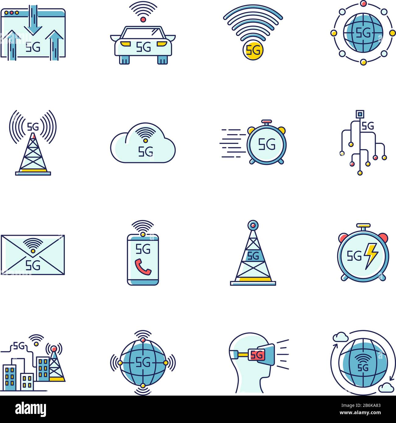 5G wireless technology RGB color icons set. Mobile cellular network ...