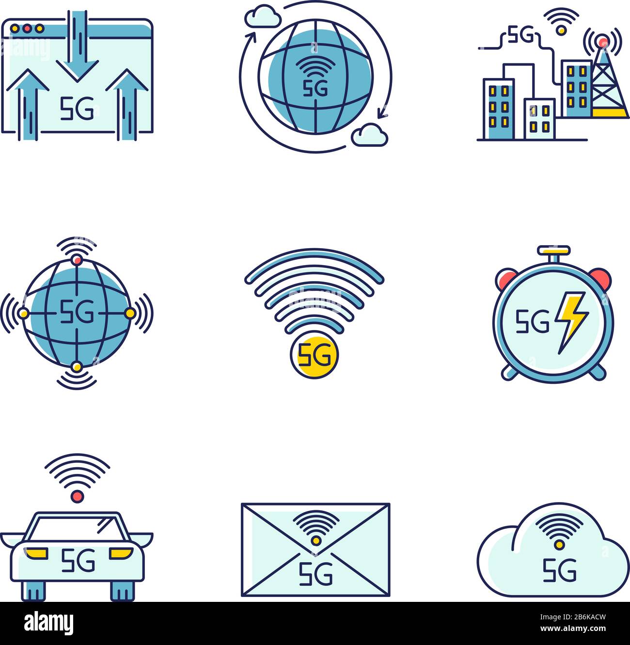 5G wireless technology RGB color icons set. Car control, data exchange ...