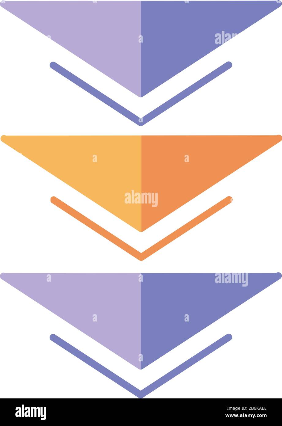 Three down arrows flat design cartoon RGB color icon. Page browsing ...