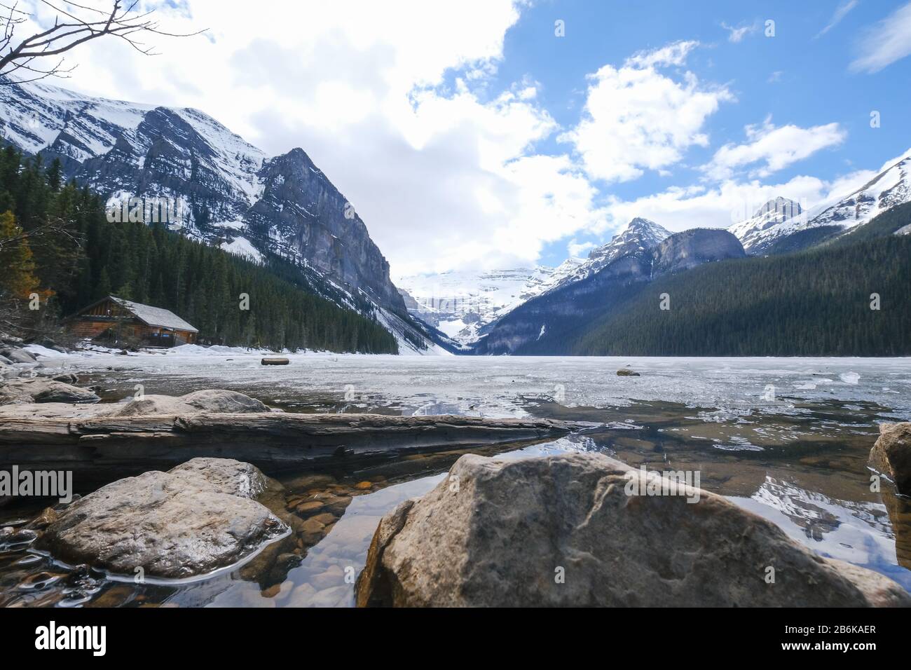 Mount fairview, partly frozen lake, Lake Louise Banff National Park ...