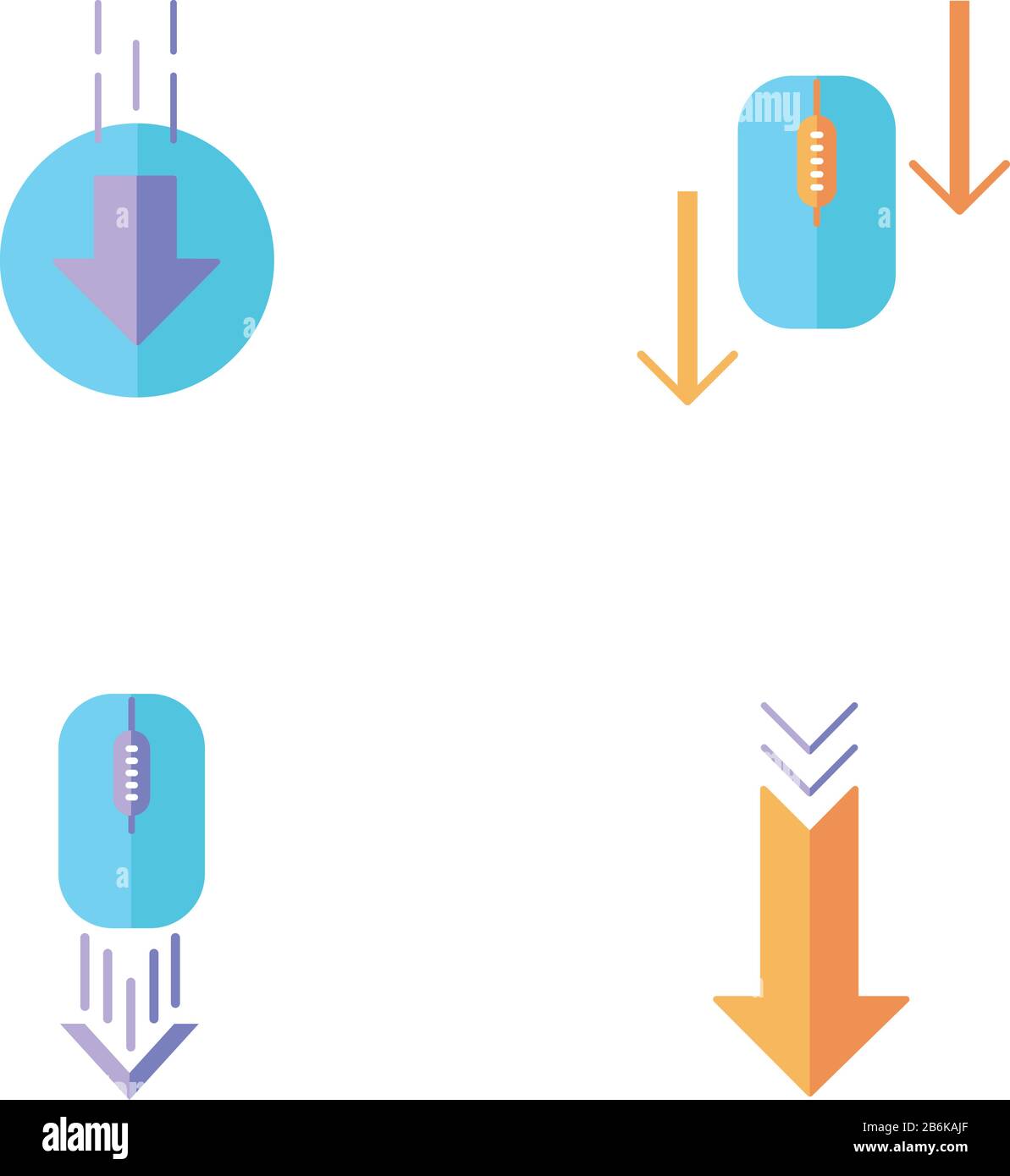 Computer mouse and arrowheads flat design cartoon RGB color icons set. Scrolling down and ...