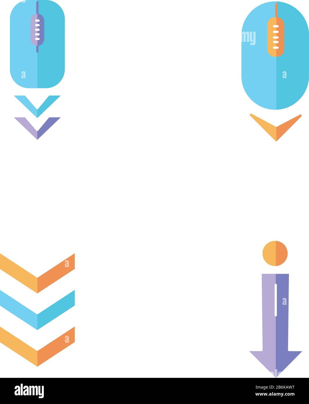 Scrolldown indicators flat design cartoon RGB color icons set. Computer mouse and arrowheads ...