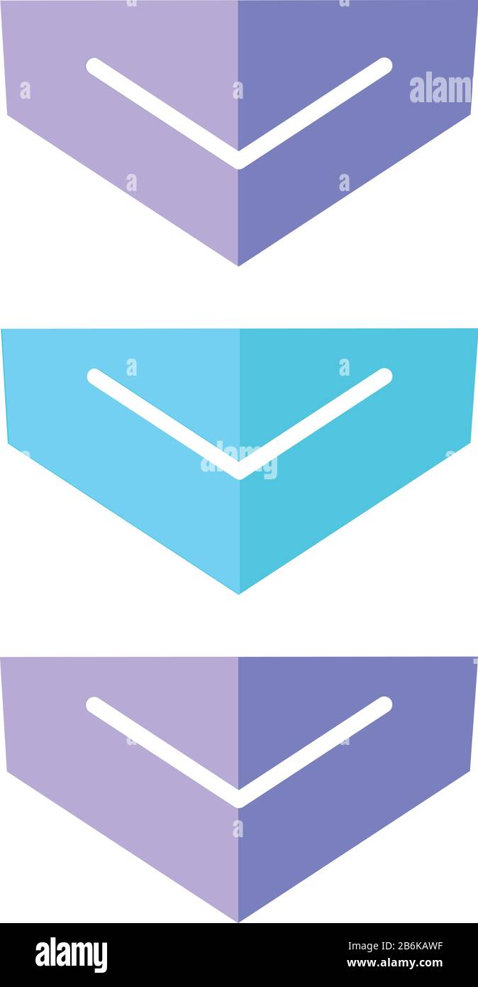 Scrolling down arrows button flat design cartoon RGB color icon. Three ...