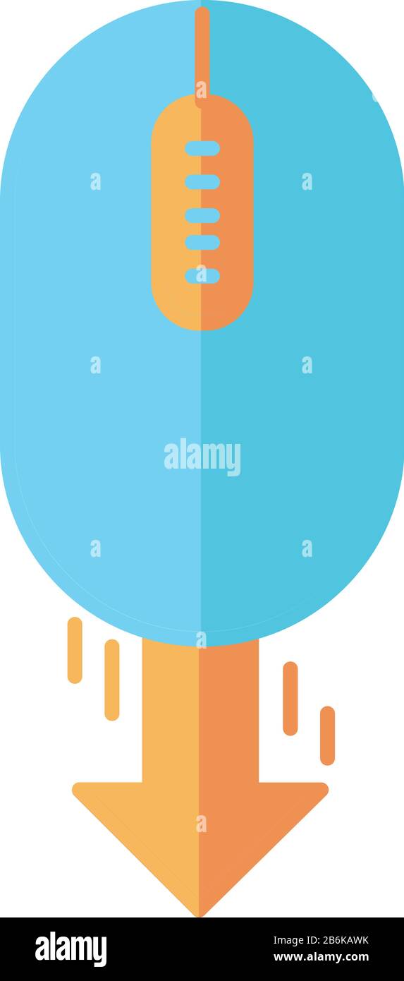 Mouse and down arrow flat design cartoon RGB color icon. Web page ...