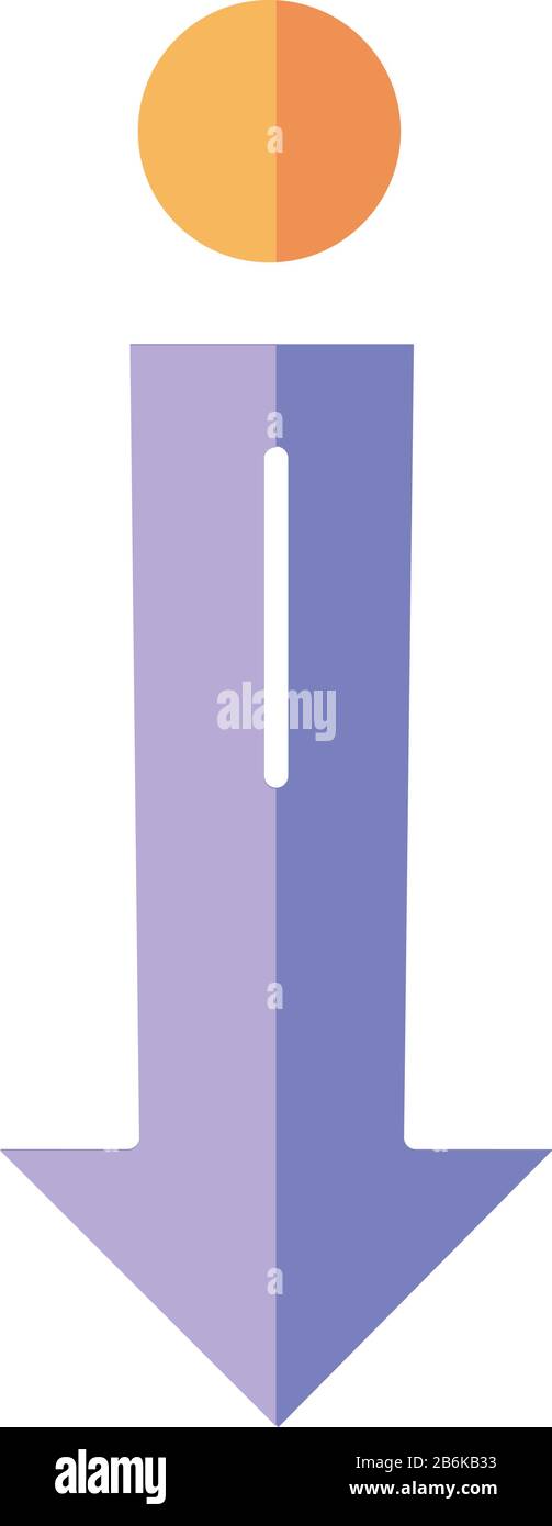 Down arrow and circle flat design cartoon RGB color icon. Vertical scrolling gesture for touch ...