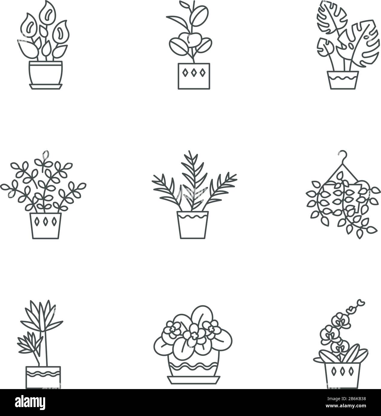 Domesticated plants pixel perfect linear icons set. Houseplants. Violet ...