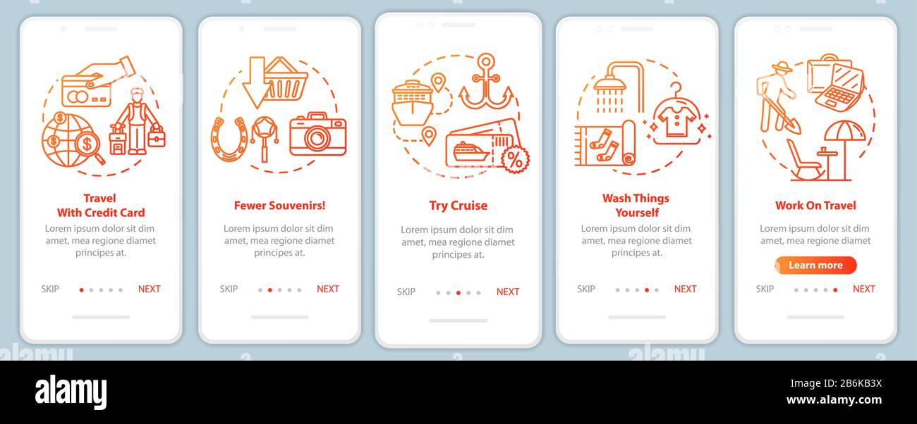 Voyage tips onboarding mobile app page screen with concepts. Charge ...