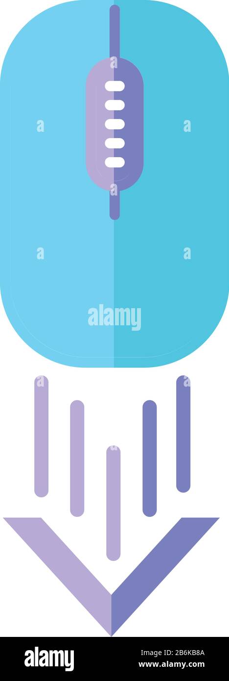 Scrolling down computer mouse flat design cartoon RGB color icon. Internet page browsing arrow ...