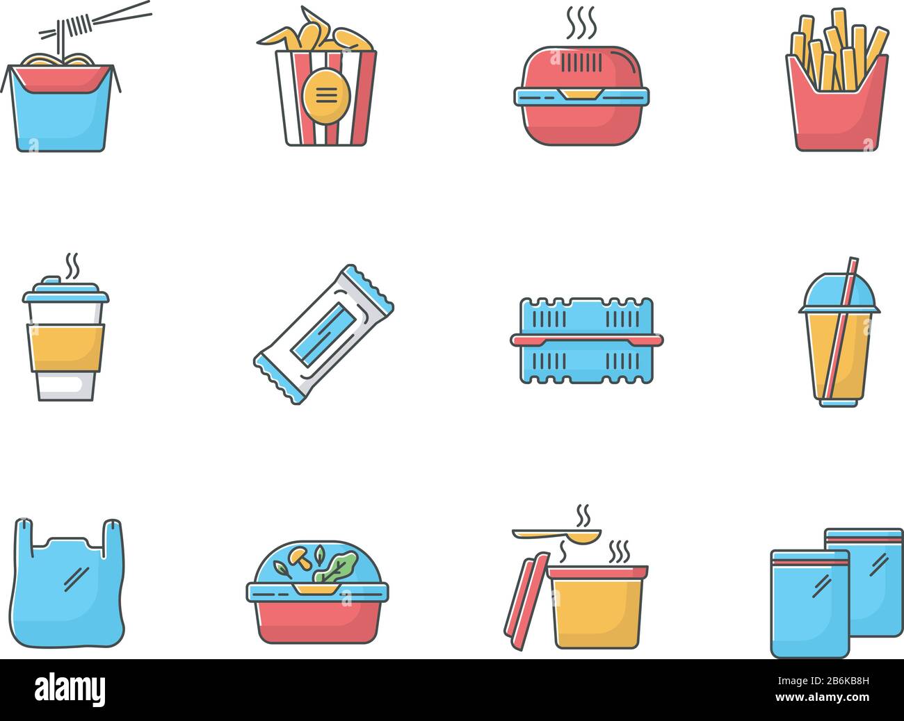Takeaway food packages RGB color icons set. Take out meal containers ...