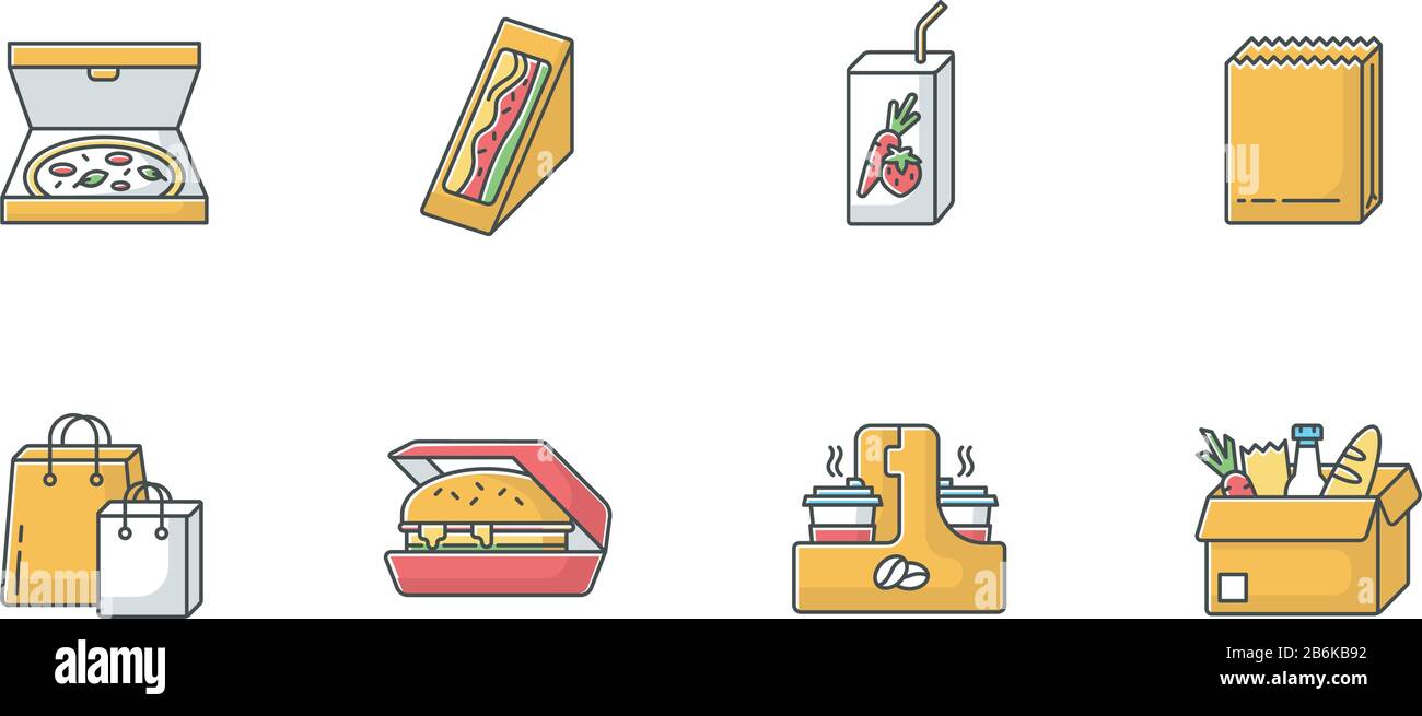 Takeaway food RGB color icons set. Carry out packages for meal. Fast ...