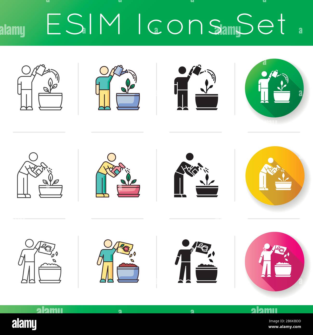 Houseplant care icons set. Indoor gardening steps. Spraying. Planting ...