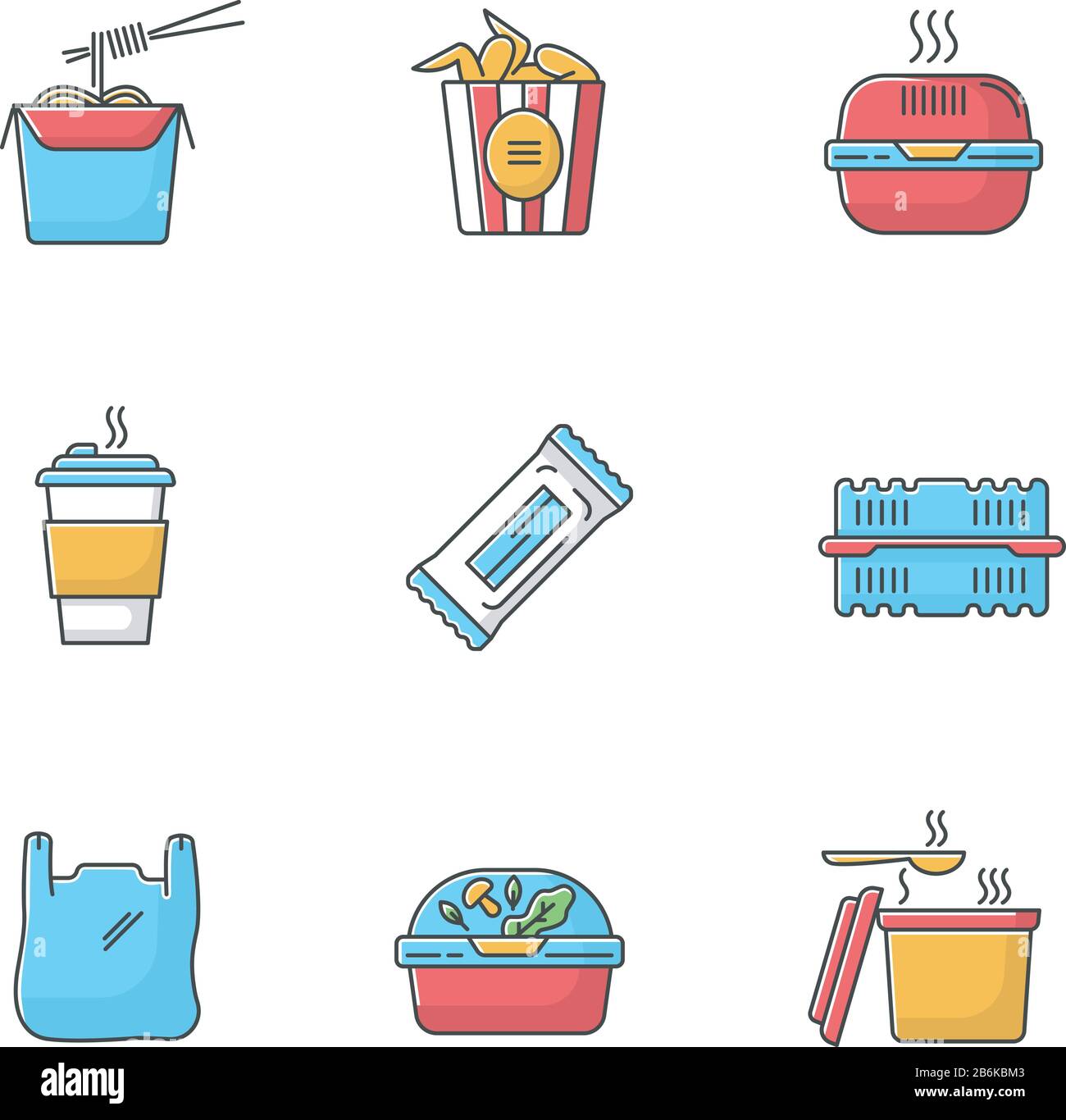 Takeaway food packages RGB color icons set. Noodles, bucket of wings ...