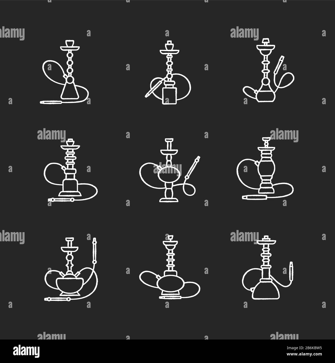 Hookah chalk white icons set on black background. Shisha with wire ...