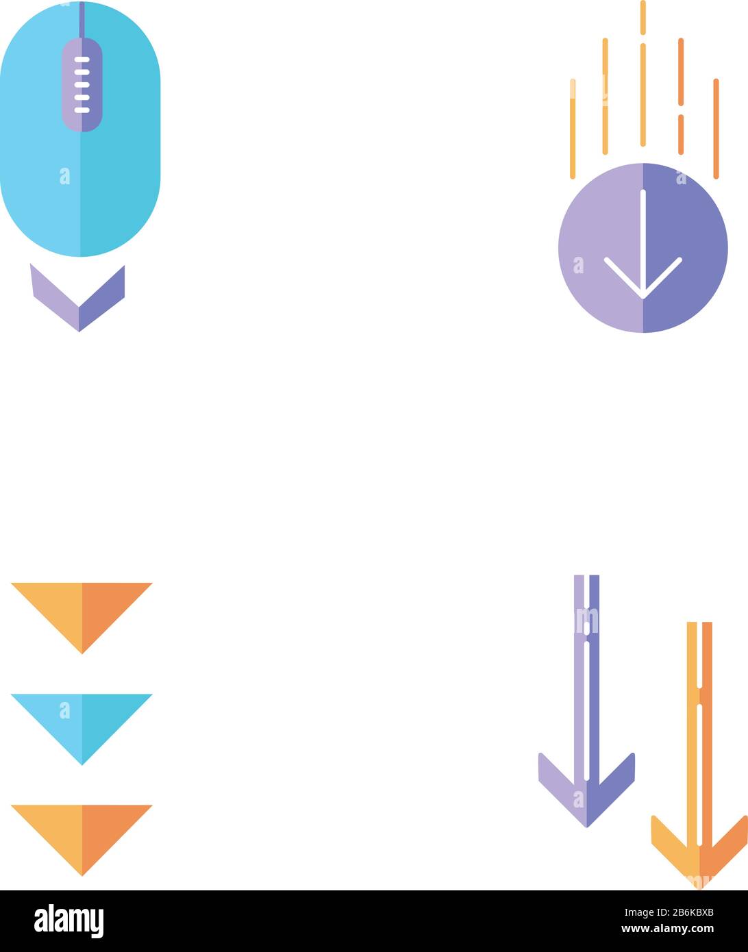 Scrolling down flat design cartoon RGB color icons set. Computer mouse and arrowheads in circles ...