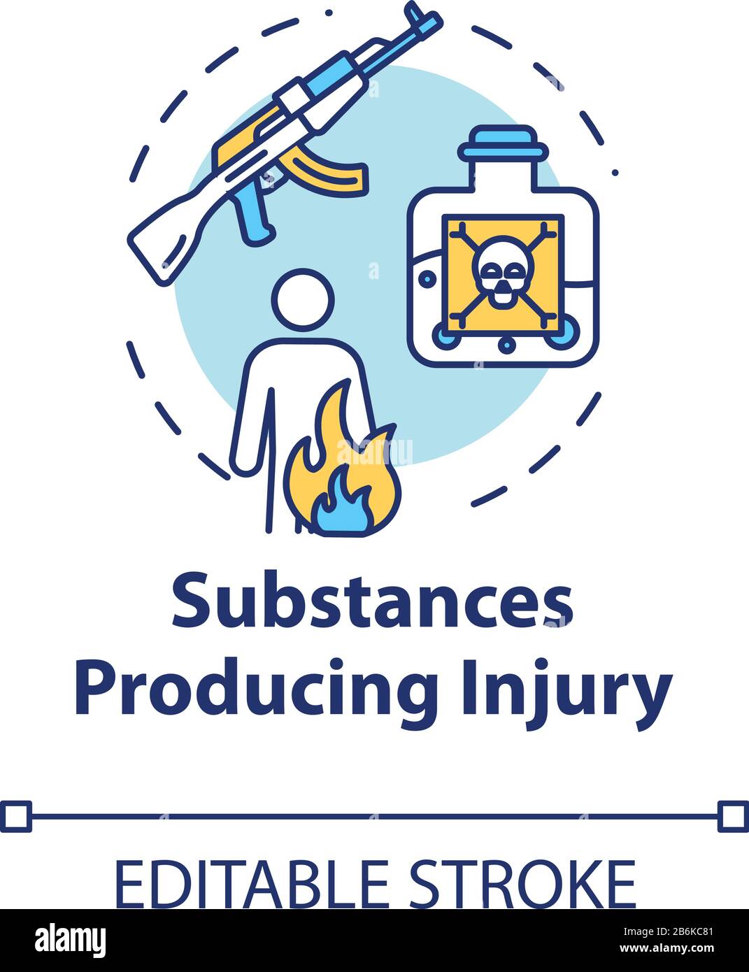 Substances producing injury, trauma causes concept icon. Gun and poison ...