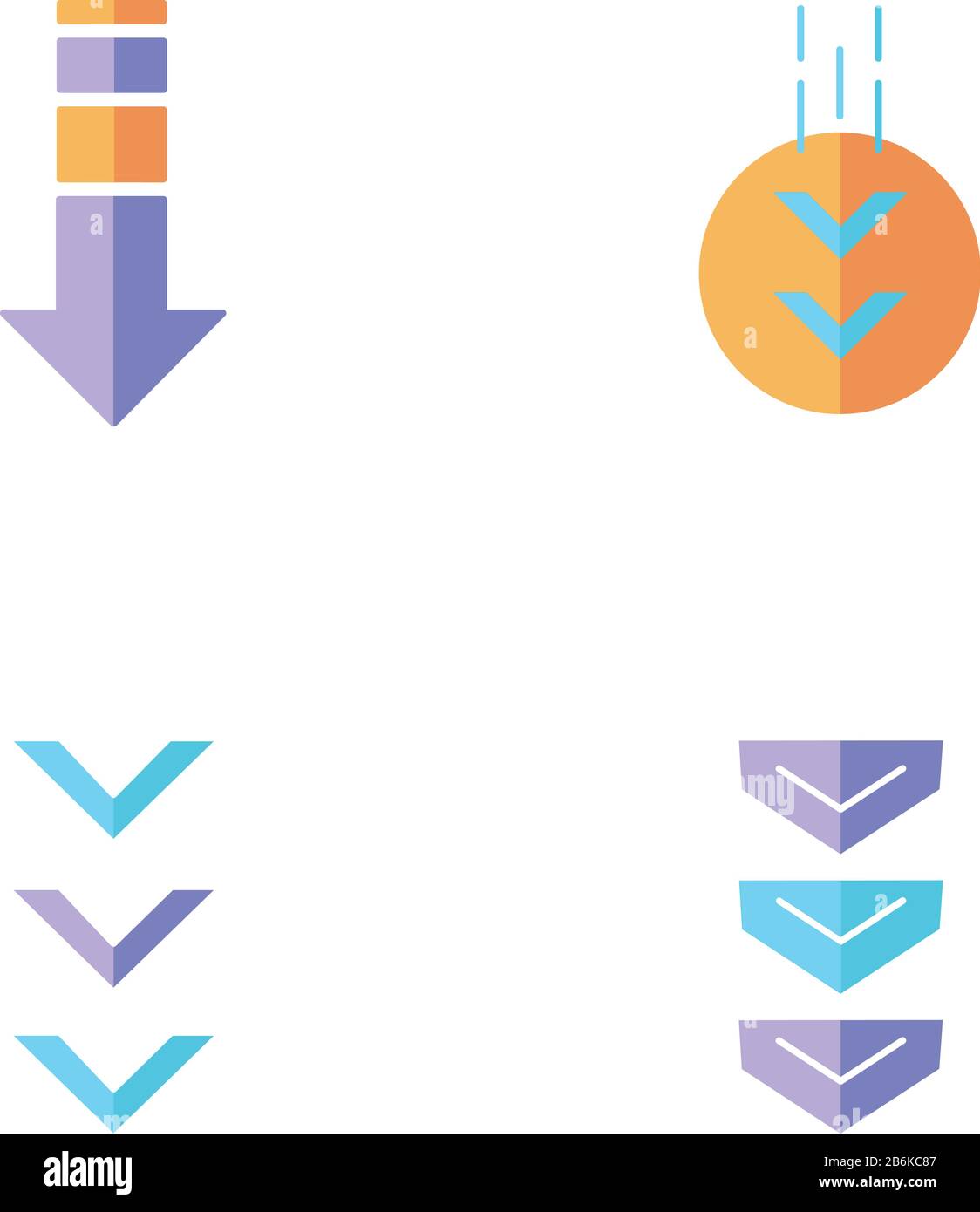 Down arrows flat design cartoon RGB color icons set. Double arrowhead ...