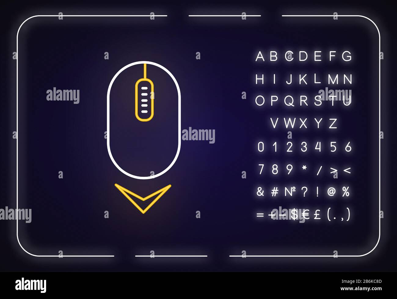 Scrolling mouse neon light icon. Down arrowhead indicator. Internet ...