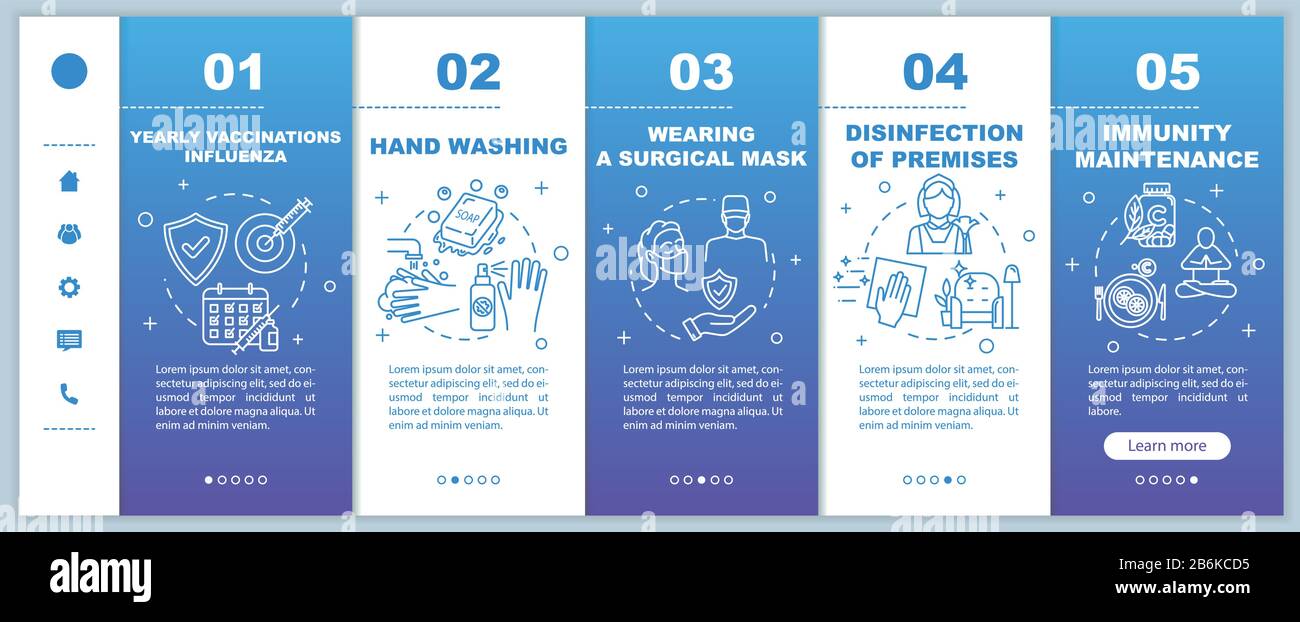 Influenza virus precaution onboarding vector template. Sanitation and ...
