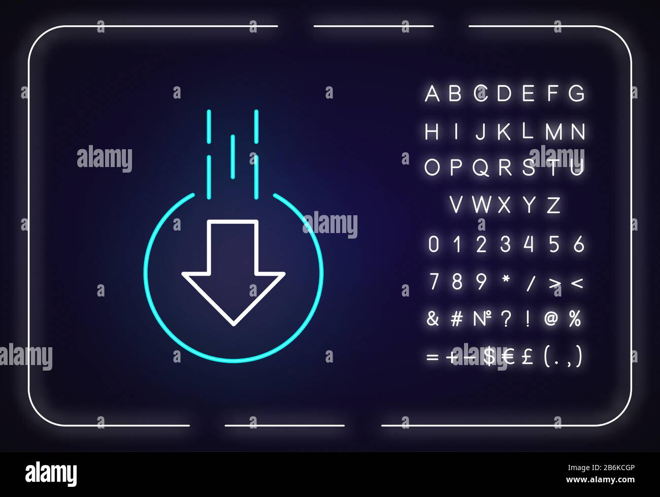 Down arrow in circle neon light icon. Moving arrowhead in round shape ...
