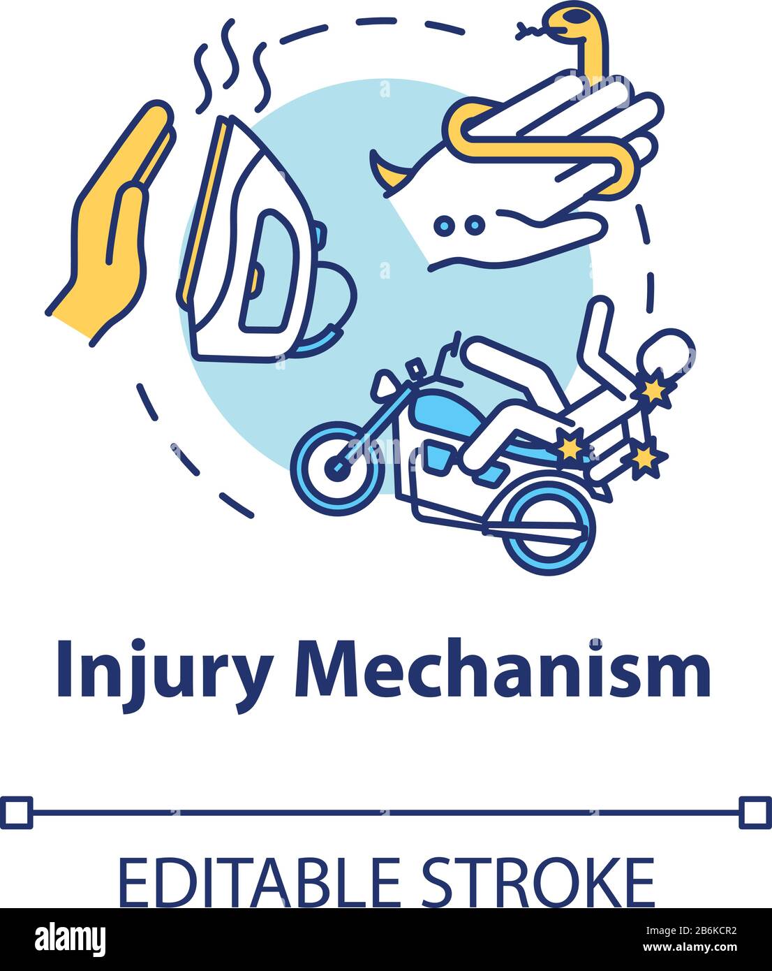 Injury mechanism, trauma factors concept icon. Traumatism, iron burn ...