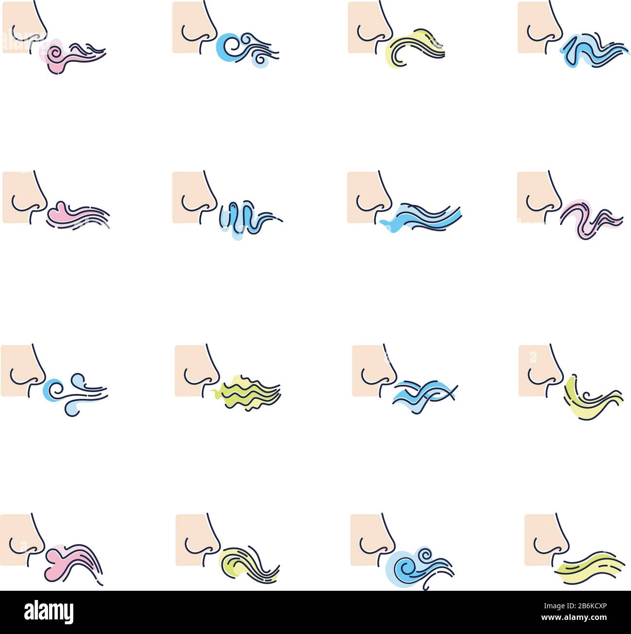 Nose smelling scent RGB color icons set. Good and bad odor. Stinking ...