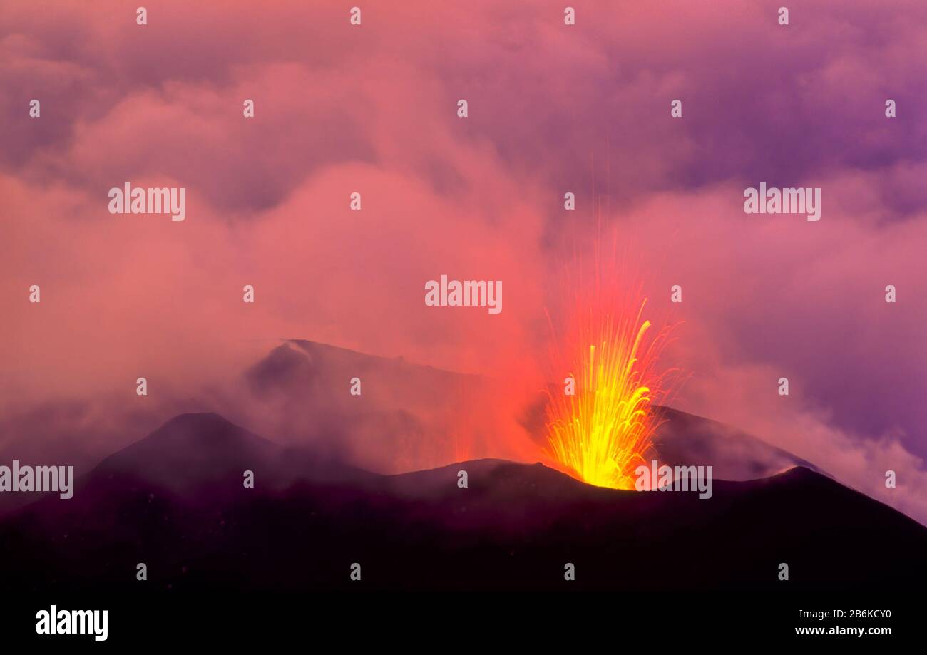 Stromboli Volcano, on the Mediterranean island of Stromboli, erupting ...
