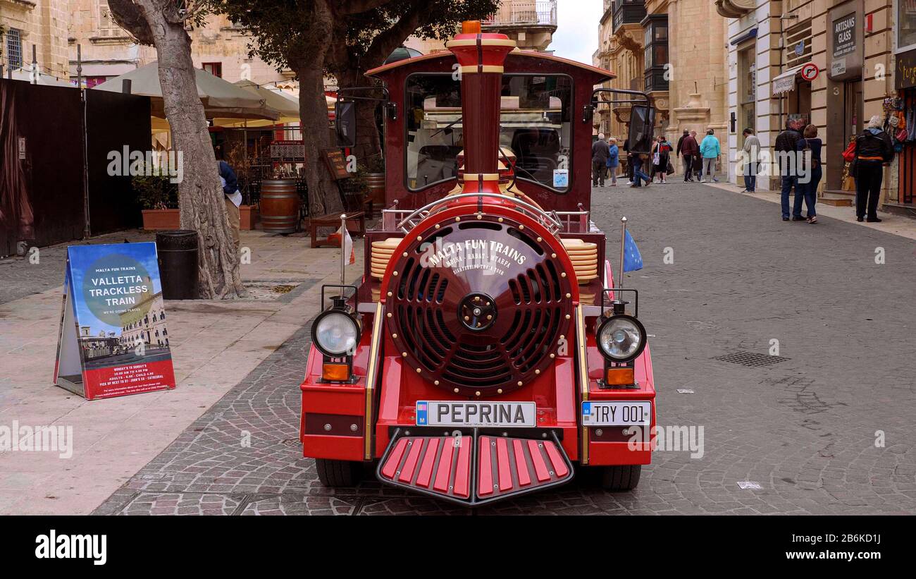 Malta Fun Trains in the city of Valletta - MALTA, MALTA - MARCH 5, 2020 ...