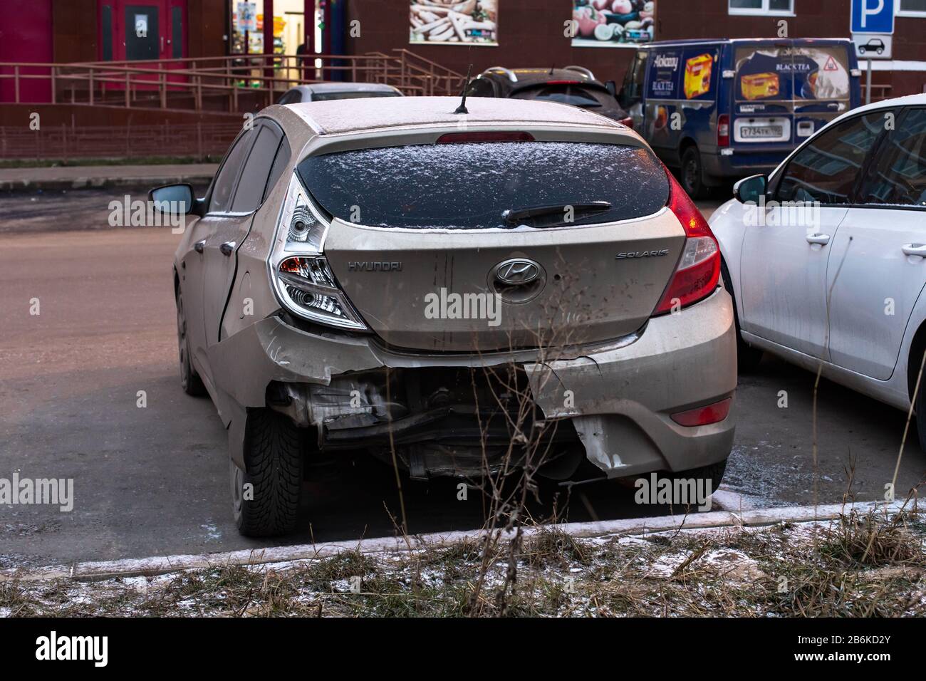 Moscow, Russia - December 29, 2019: Hyundai Solaris car with a broken ...