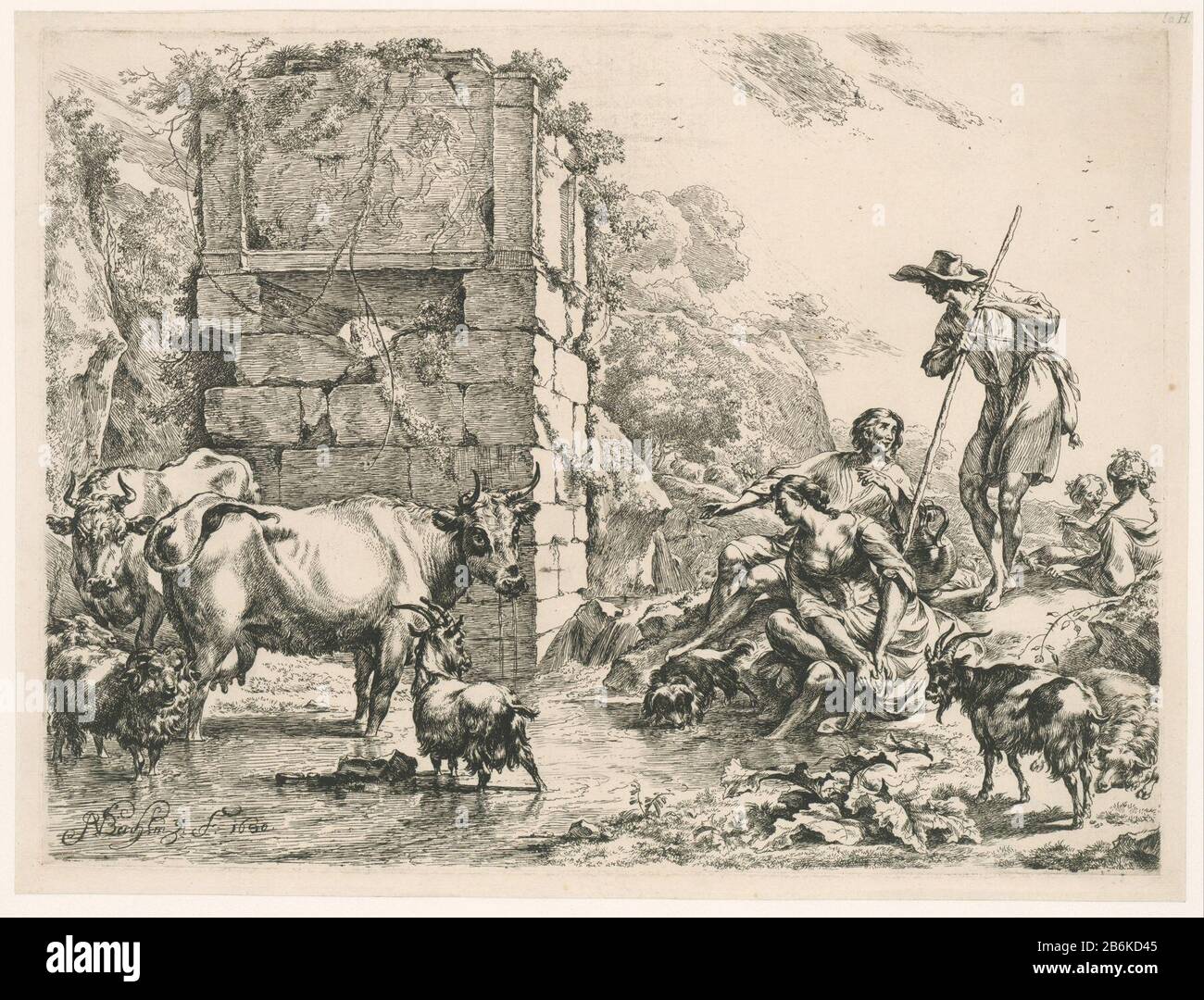 Drinking cow rest Shepherds and shepherdesses with their cattle at a ...