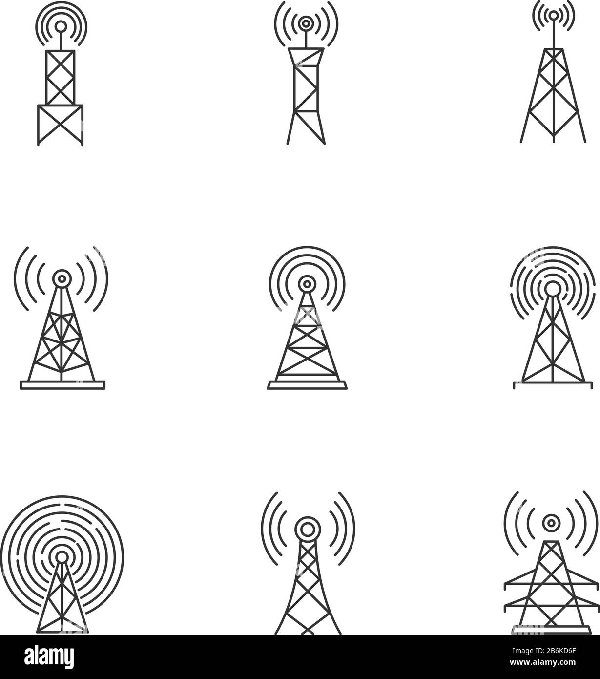 5G cell towers and antennas pixel perfect linear icons set. Fast connection. Mobile network ...