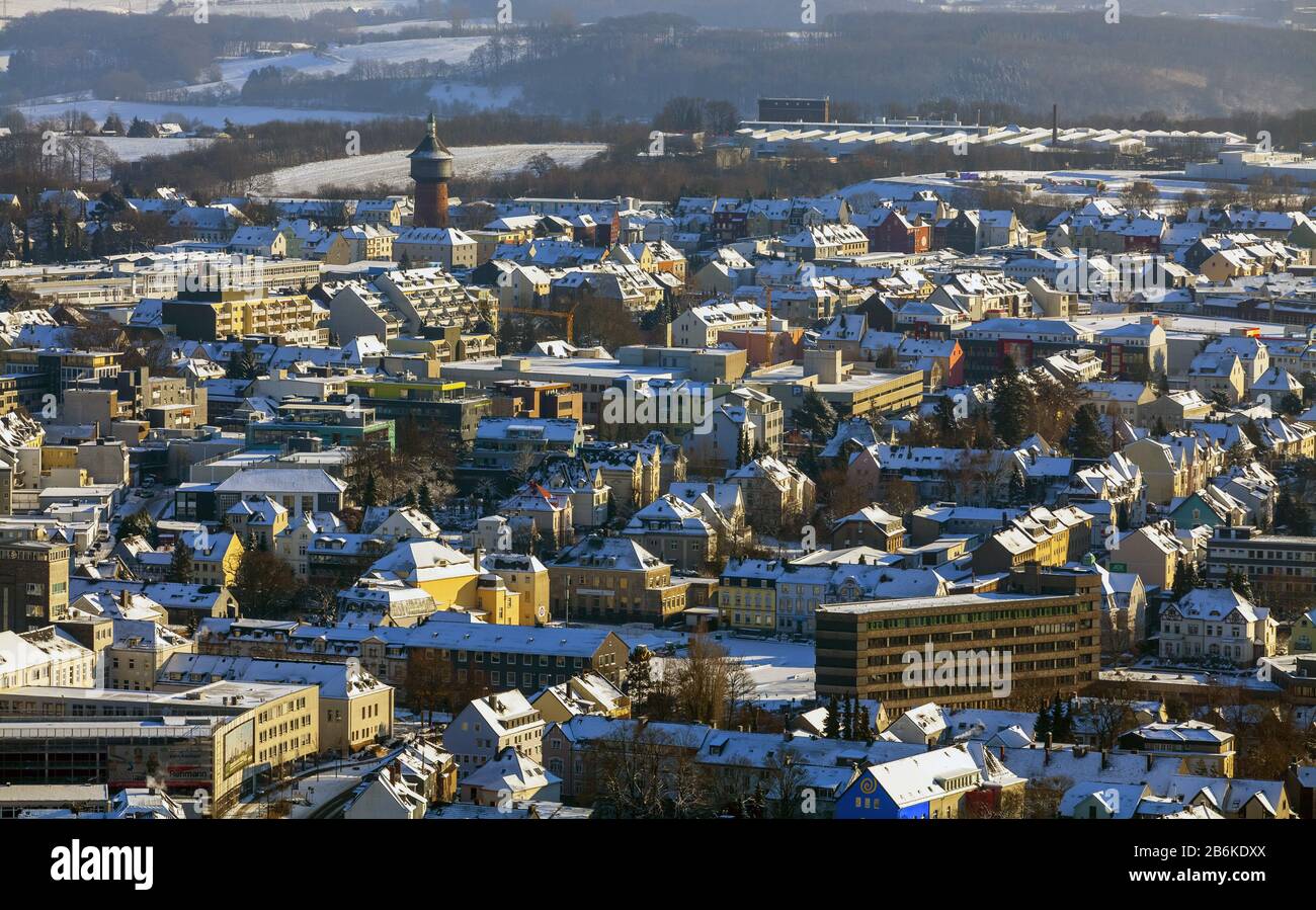 , Old Water Tower at Steeger Street in Velbert in winter, aerial view ...