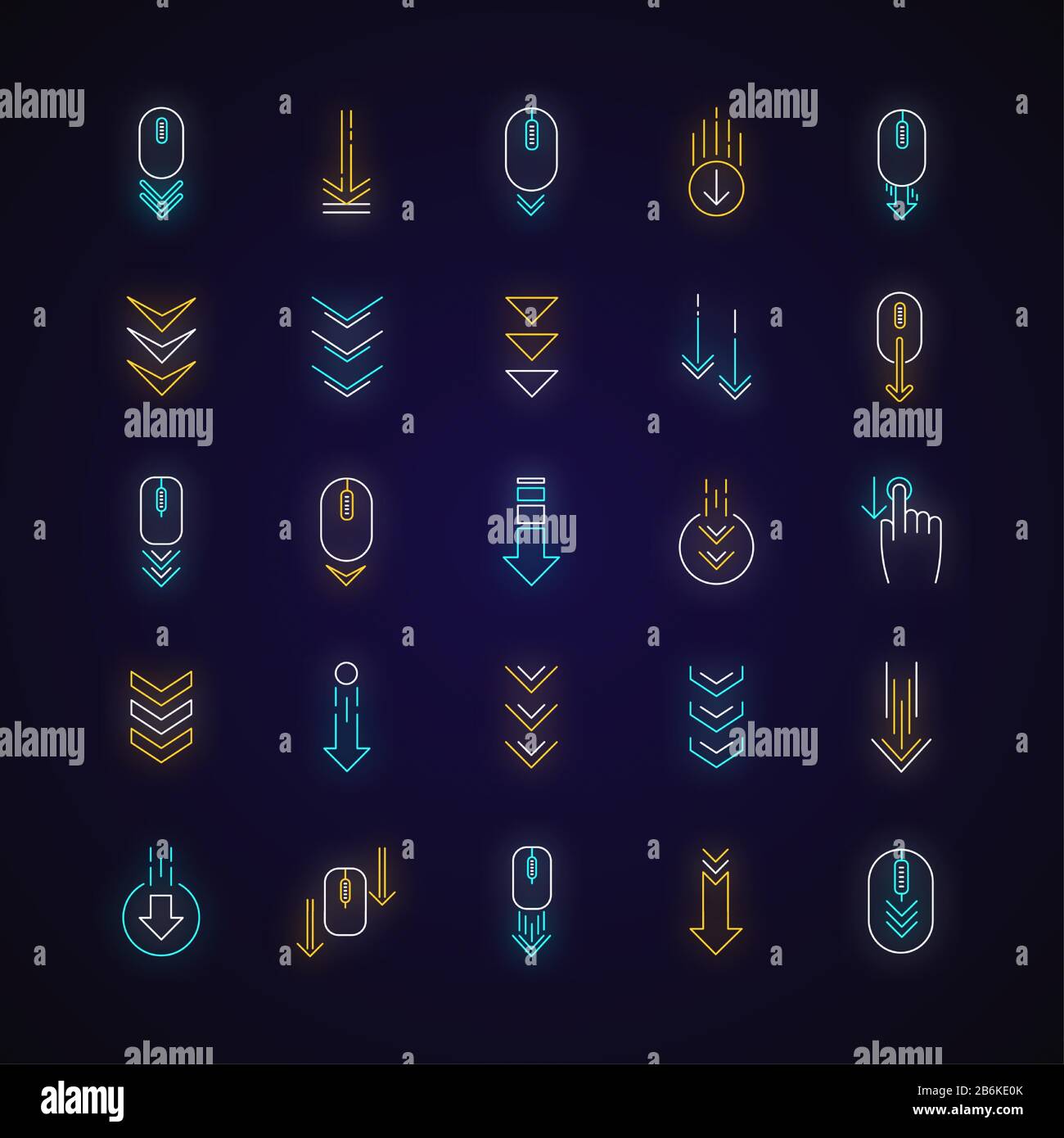 Scroll down neon light icons set. Internet page browsing and download indicators. Downward ...