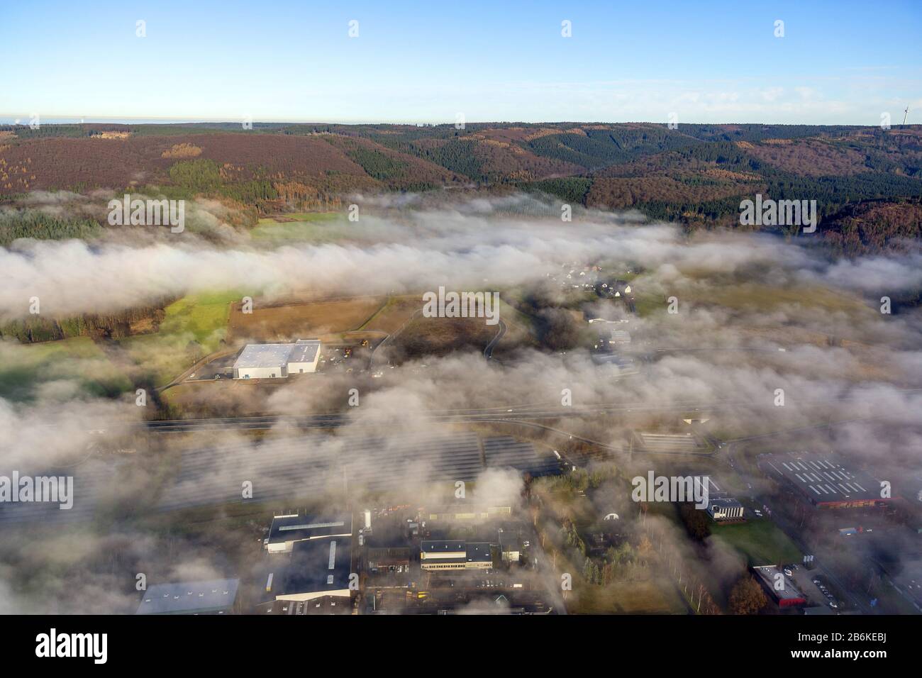 clouds over industrial park Enste in Meschede, aerial view, 11.12.2013 ...