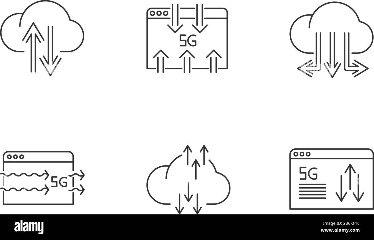 5G technology pixel perfect linear icons set. Data transmission, exchange. Cloud computing ...