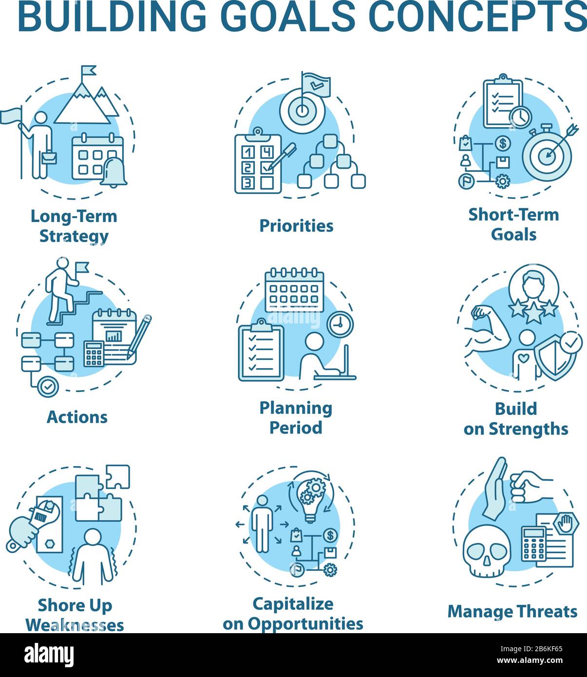 Building goals concept icons set. Setting target to achieve. Managing ...