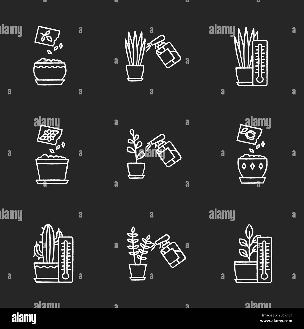 Houseplant care chalk white icons set on black background. Indoor ...