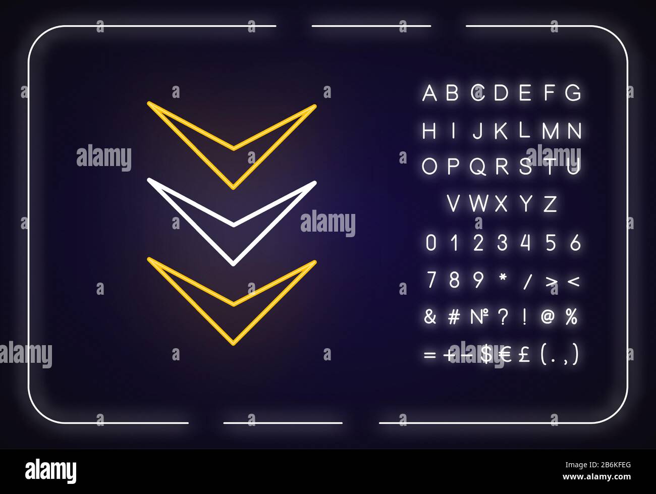 Three down arrows neon light icon. Page browsing vertical direction ...