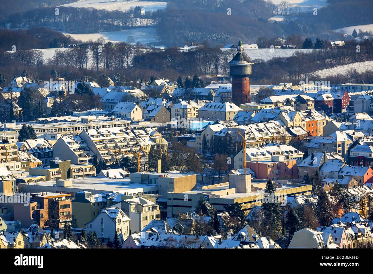 , Old Water Tower at Steeger Street in Velbert in winter, aerial view ...
