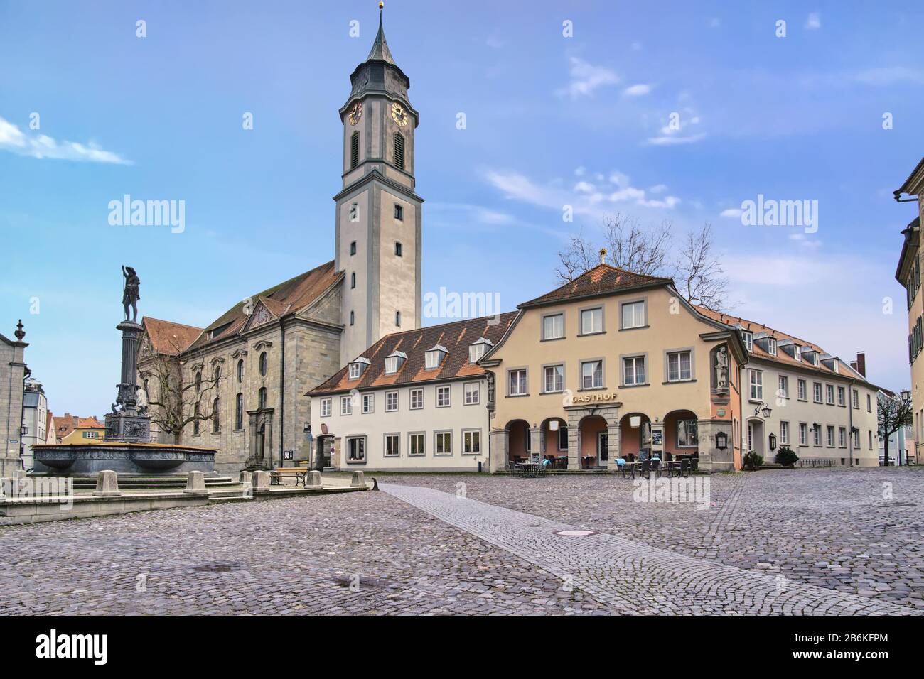 Medieval market square with church and fountain in an old town Stock ...