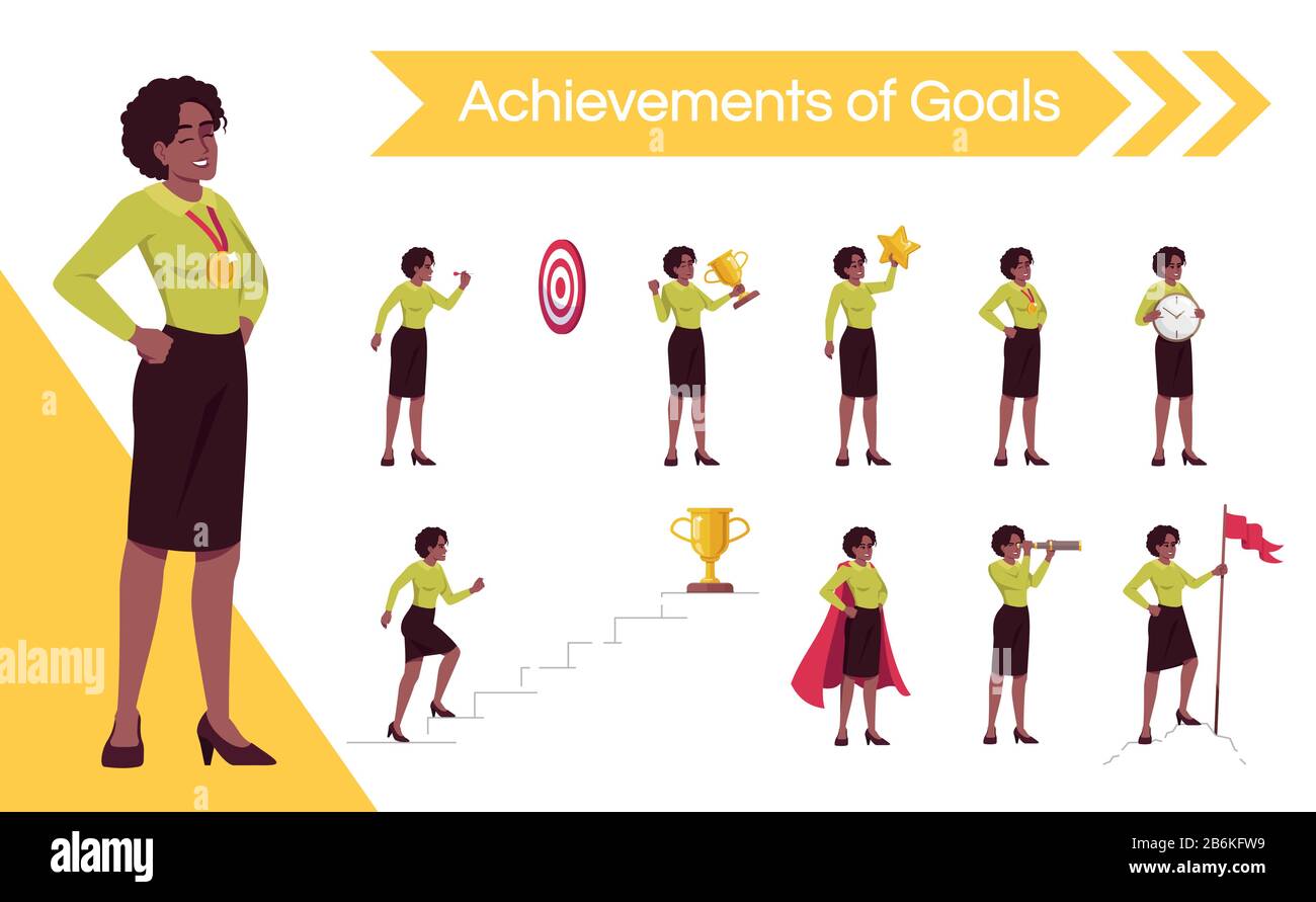 Woman setting goals flat vector illustrations set. Female office worker ...