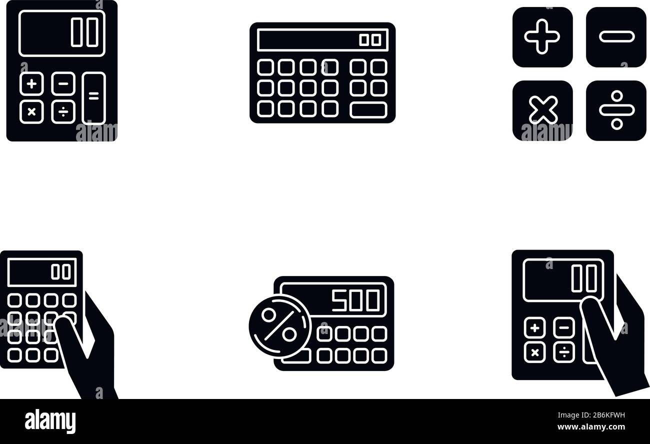Pocket calculators black glyph icons set on white space. Mathematical ...