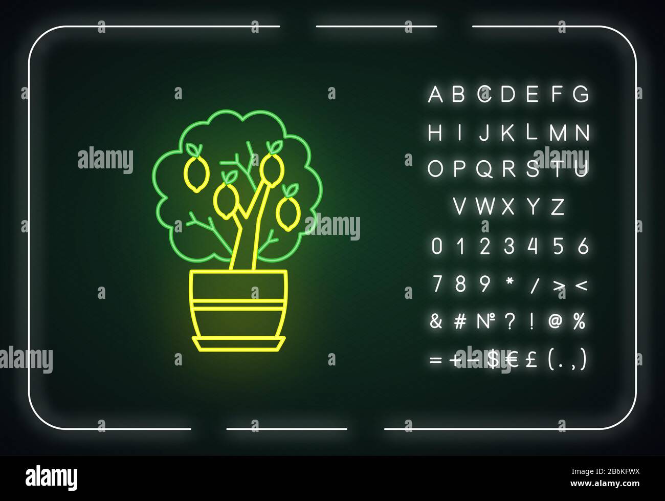 Miniature lemon tree neon light icon. Potted citrus. Indoor plant with ...