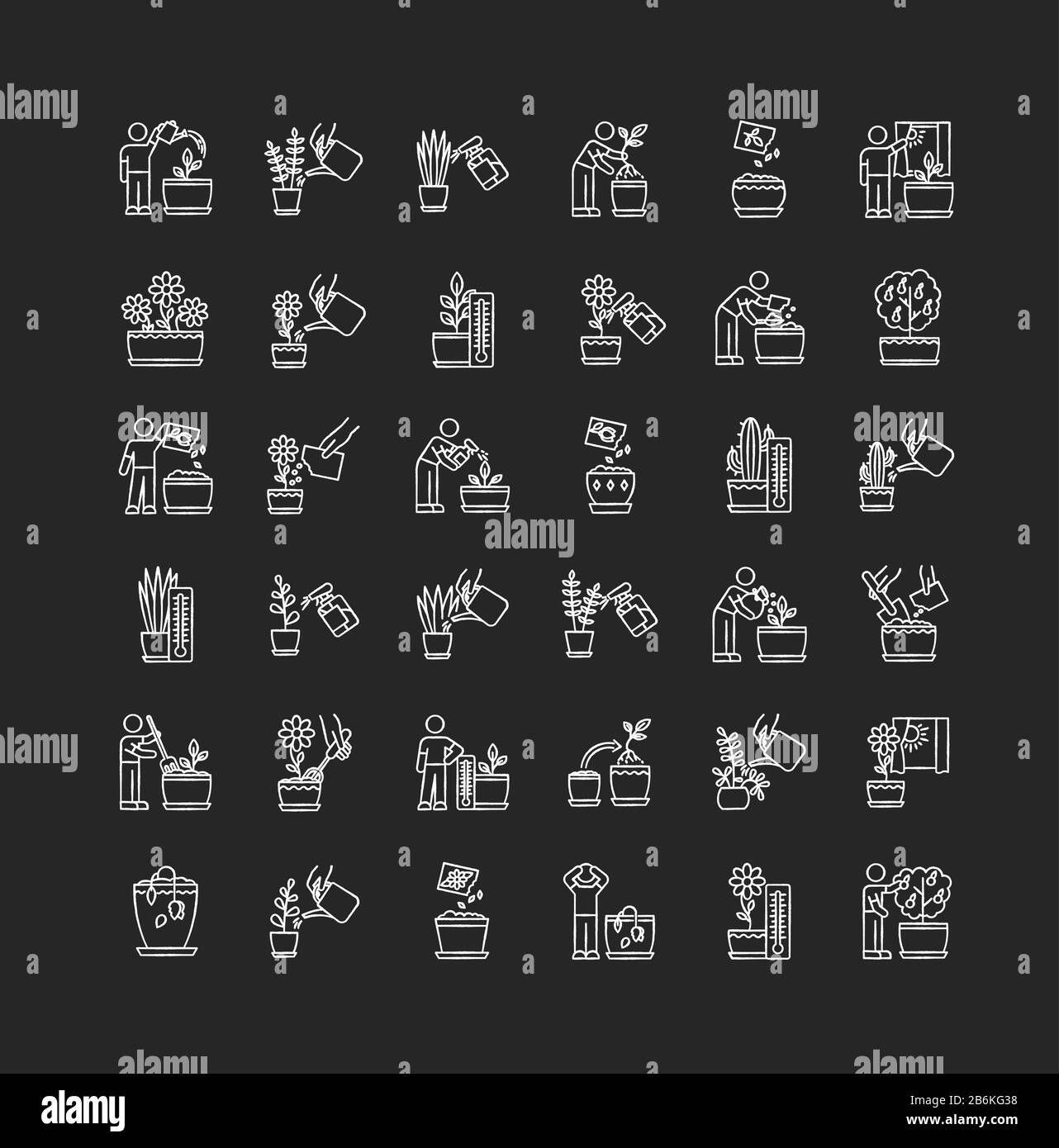 Houseplant care chalk white icons set on black background. Domestic ...