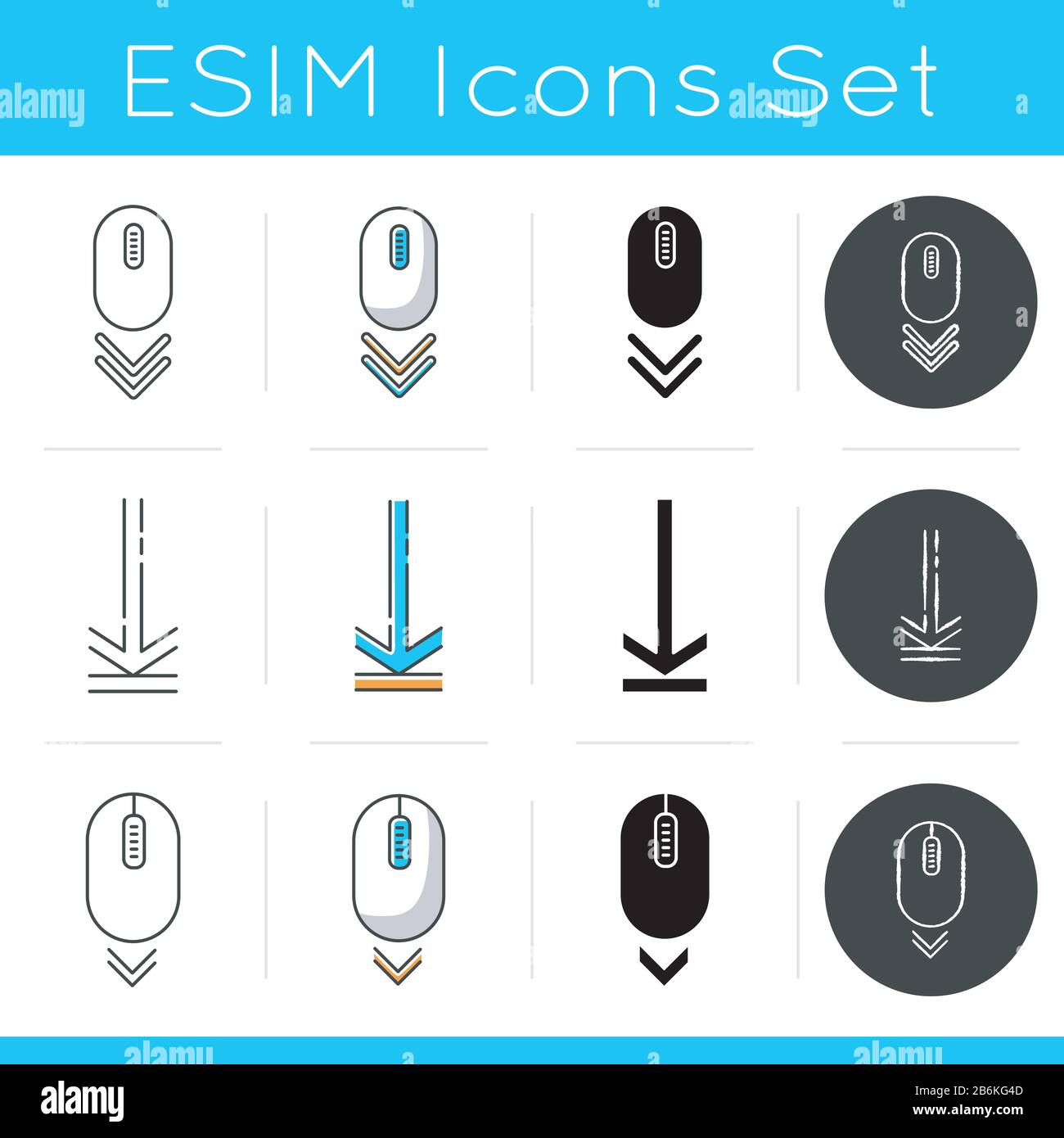 Scroll down icons set. Internet page browsing and download indicators. Downward arrows. Web ...
