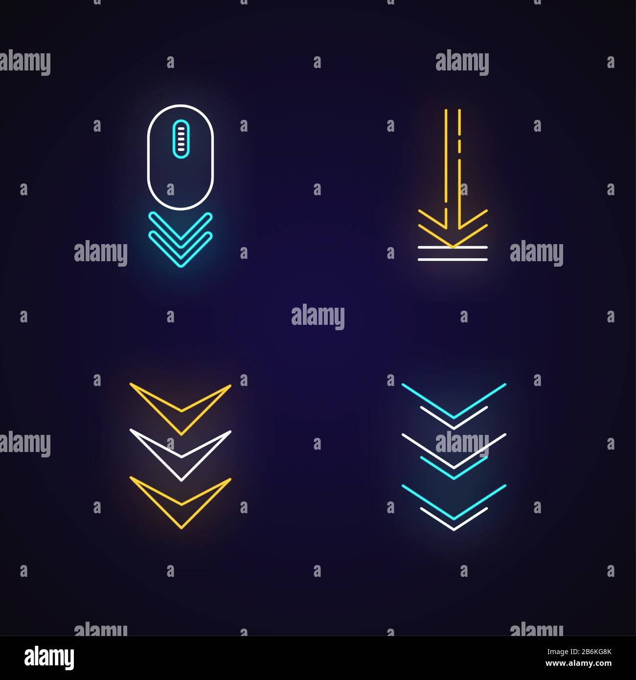 Scrolling down and uploading indicators neon light icons set. Arrows interface navigation ...