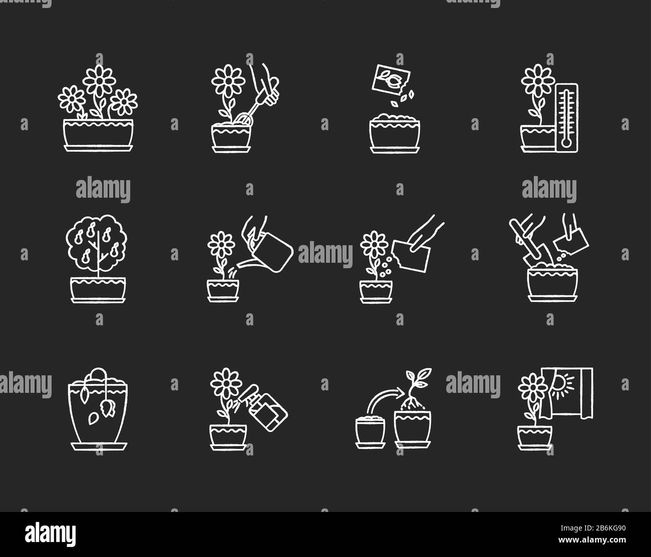 Houseplant care chalk white icons set on black background. Indoor ...