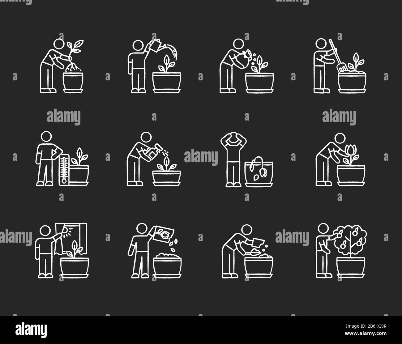 Houseplant care chalk white icons set on black background. Indoor ...