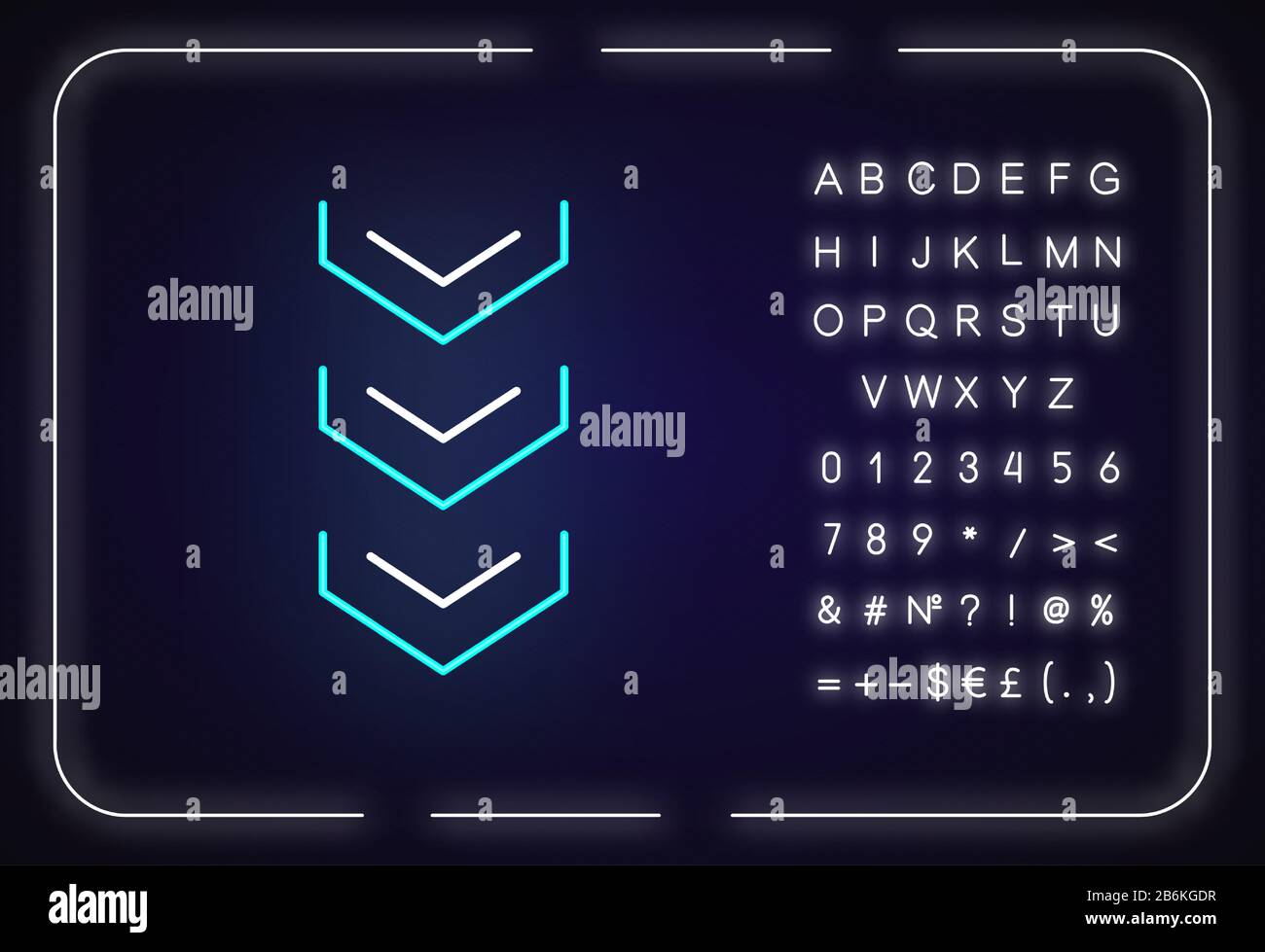Scrolling down arrows button neon light icon. Three downward arrowheads, indicators. Outer ...