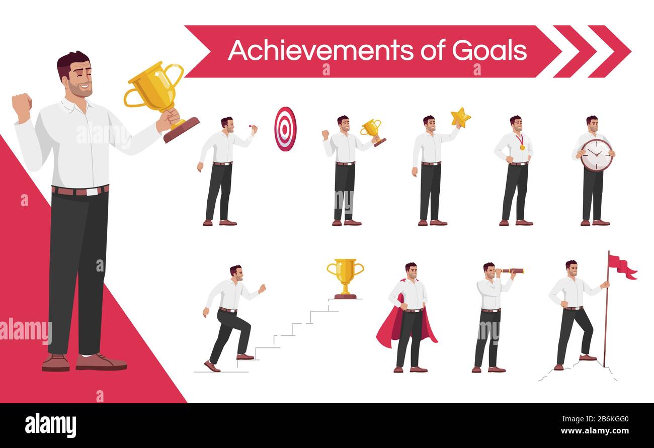 Businessman career achievements flat vector illustrations set. Employee ...