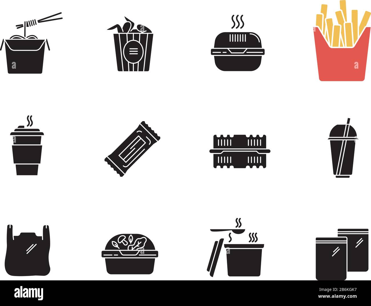 Takeaway food packages black glyph icons set on white space. Take out ...